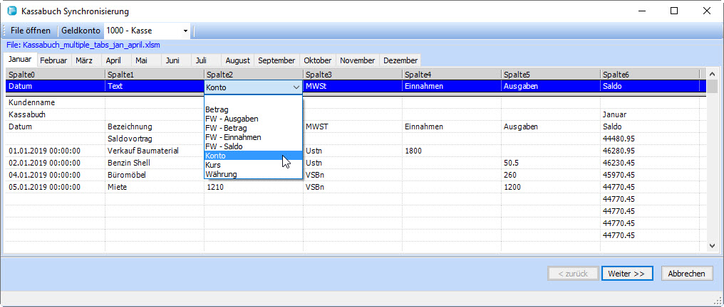 Kassabuch Import Excel