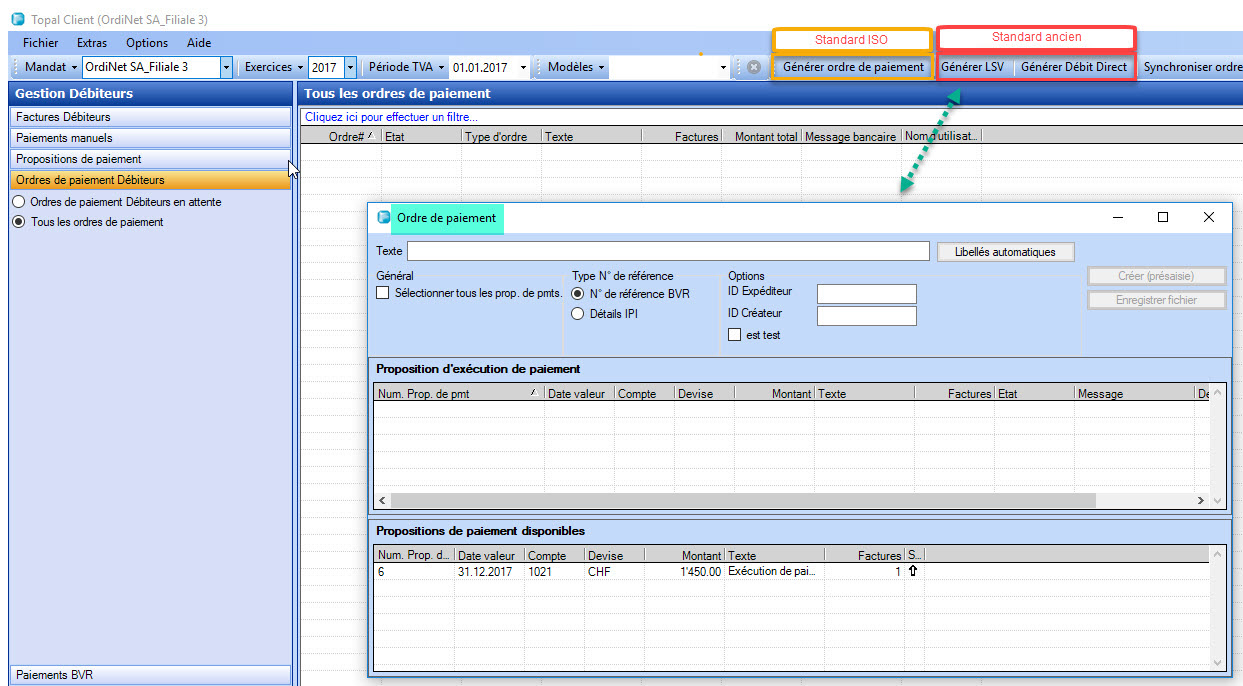 Aide Topal Comptabilité Ordres LSV / Débit direct - standard actuel