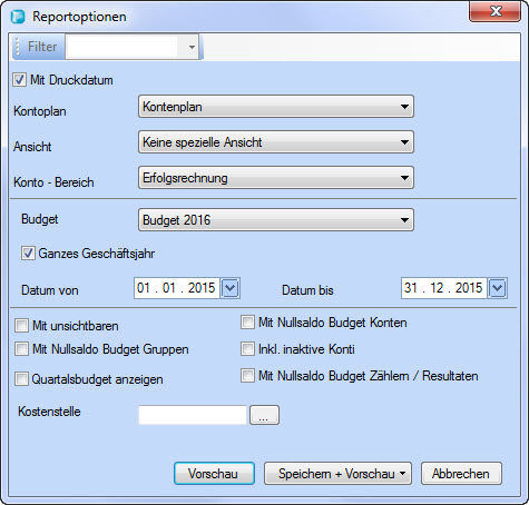 Reporting - Report Budget mit angepassten Report Optionen